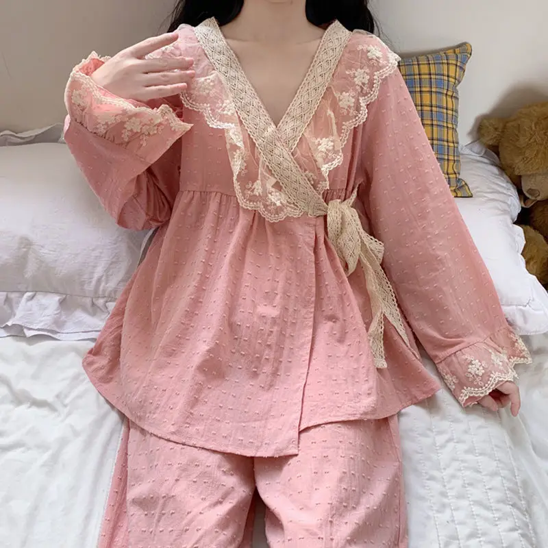 Fairy V neck Lace Spring Pajama Sets Women Sashes Kimono Designed Loose ...