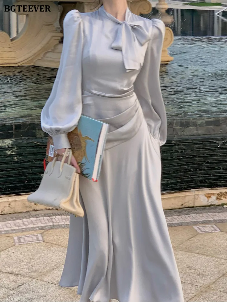 BGTEEVER-vestido-de-sat-n-con-cuello-de-lazo-para-mujer-prenda-de-moda ...