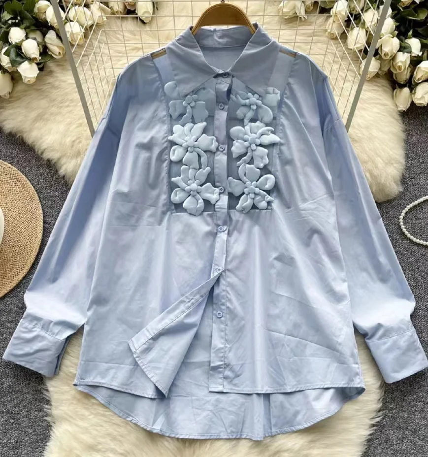 Flowers-Stitch-Oversized-Cotton-Mid-length-Shirts-Blouses-For-Women-s ...