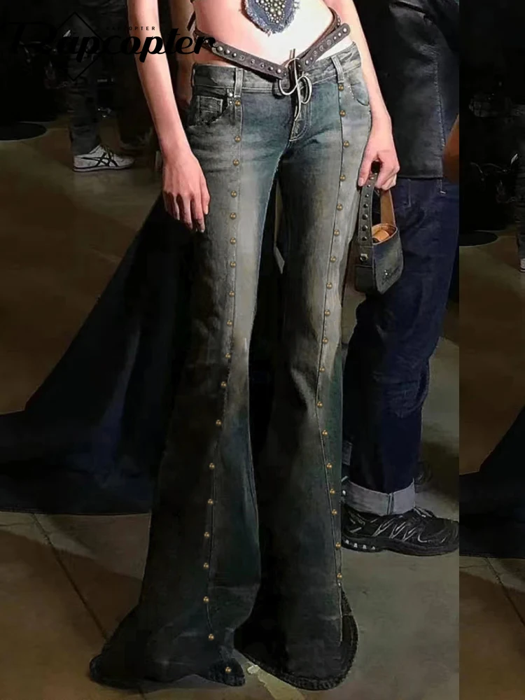 Rapcopter Y2k Tie Dye Flare Jeans Rivet Grunge Punk Fashion Strecthy Pants Low Waisted Women ...