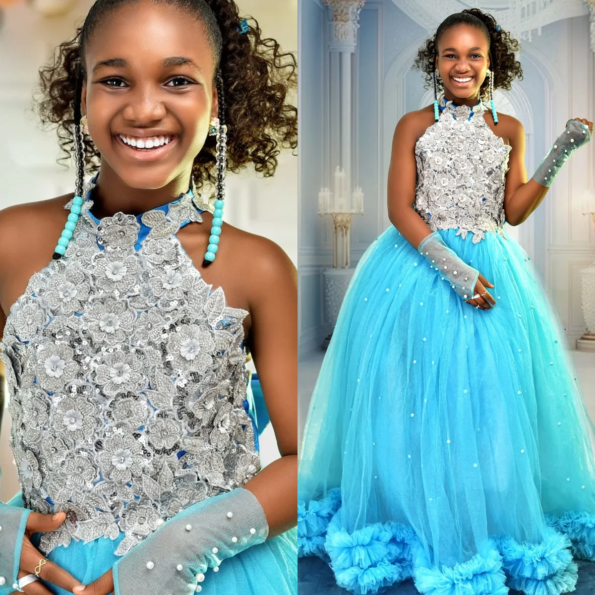 Customized Blue Girls Birthday Party Dresses High Neck Beaded Flower ...