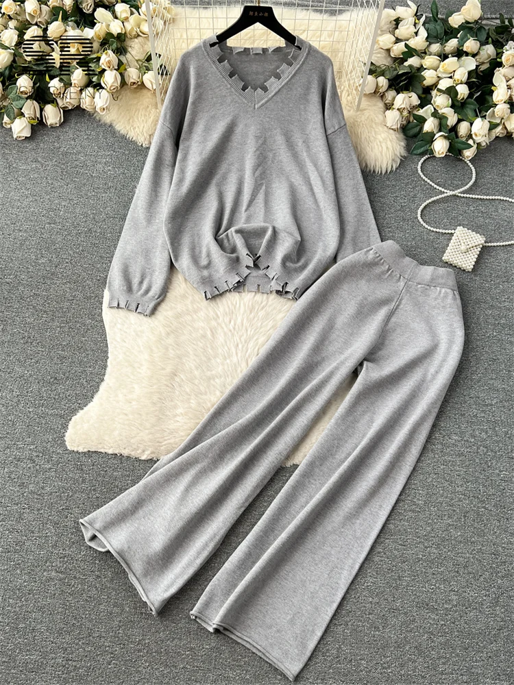 Sing-reiny-Mode-l-ssig-zweiteilig-gestrickt-Set-lose-Frauen-Langarm-o ...