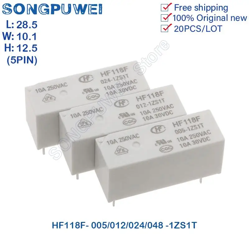 Free-Shipping-10Pcs-Lot-HF118F-Power-Relay-5V-12V-24V-48VDC-5Pin-10A-1 ...