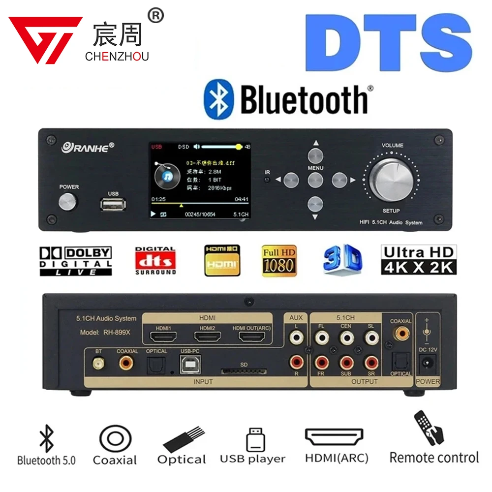 HDMI DTS 돌비 AC3 Atmos 디코더, 5.1 무손실 U 디스크 재생 DSD 블루투스 5.0 섬유 동축 오디오 DAC ...