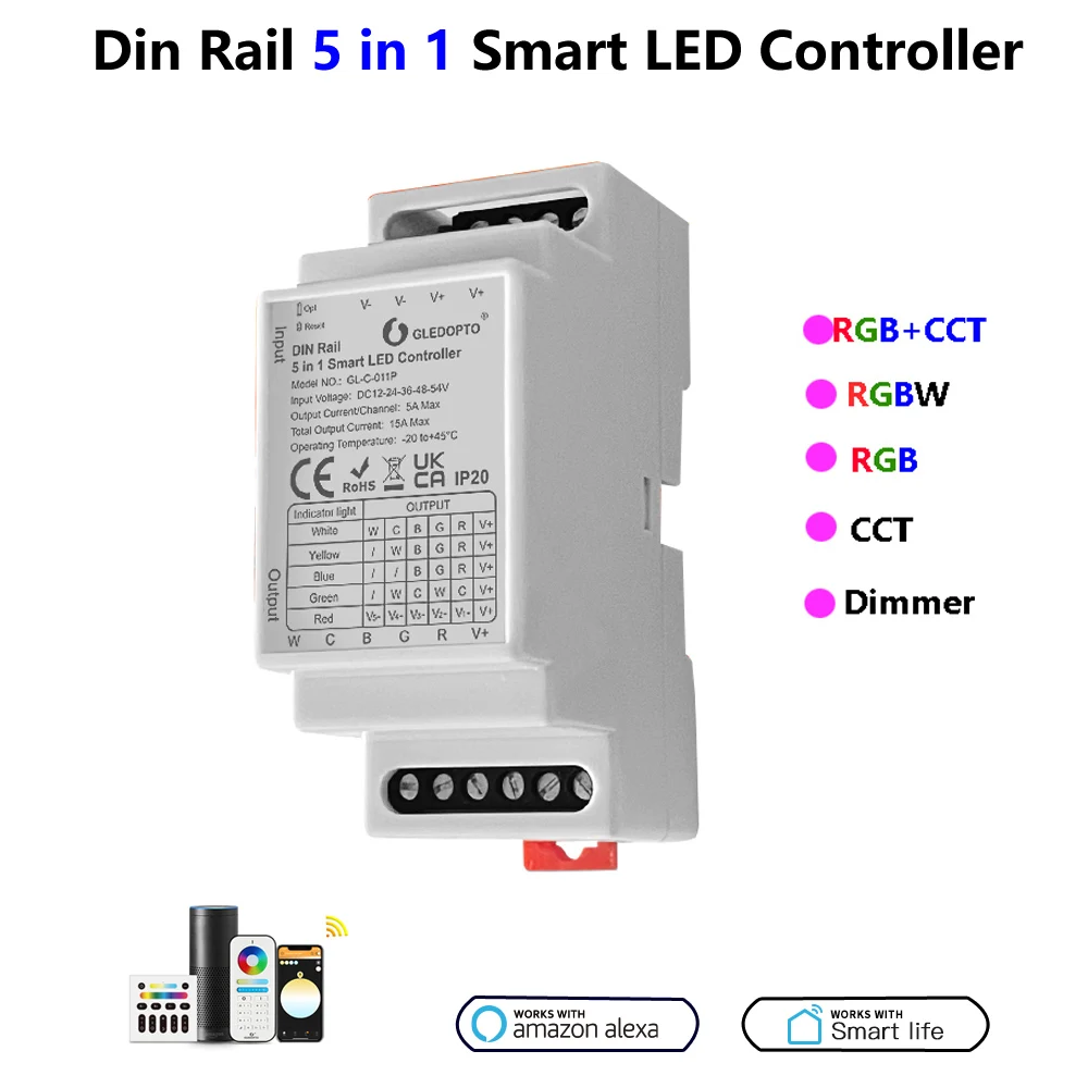 Gledopto-Smart-Din-Rail-Controlador-LED-DC12-54V-5-em-1-RGBCCT-RGB-WWCW ...