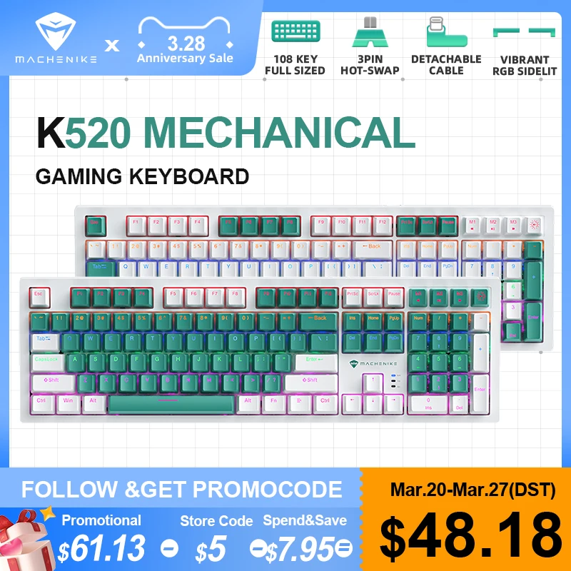 Teclado mecánico Machenike K520, teclado para juegos con cable, 108 ...