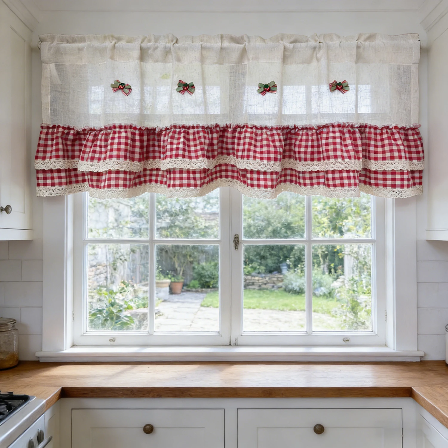 1PC Sweet Cute Red Lattice Lace Bows Ruffled Short Curtain for Kitchen ...