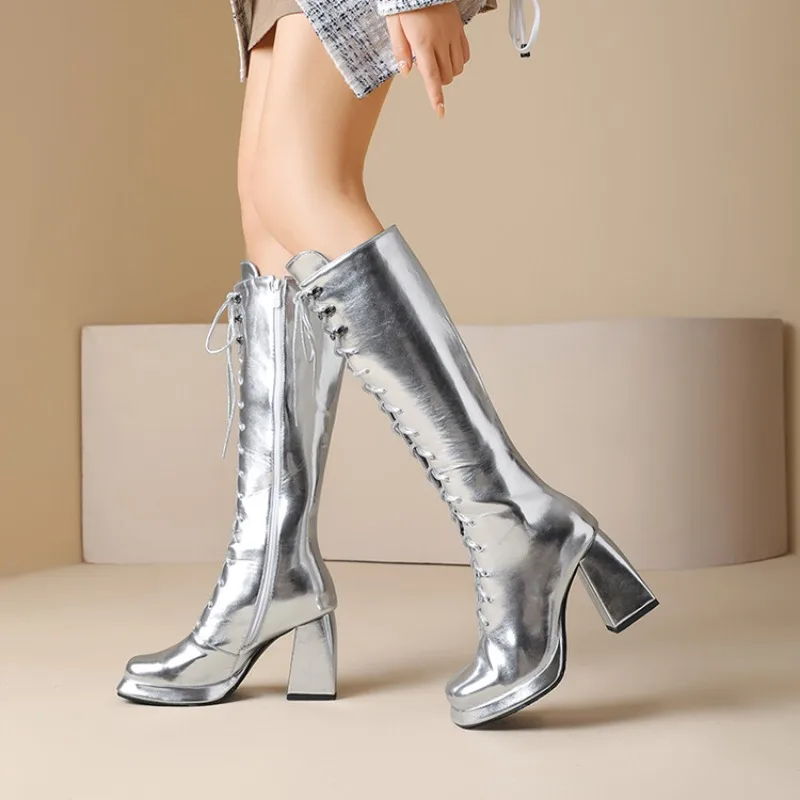 Gold-Silver-Knee-High-Boots-Women-9-5cm-Thick-Heels-Glossy-Patent ...