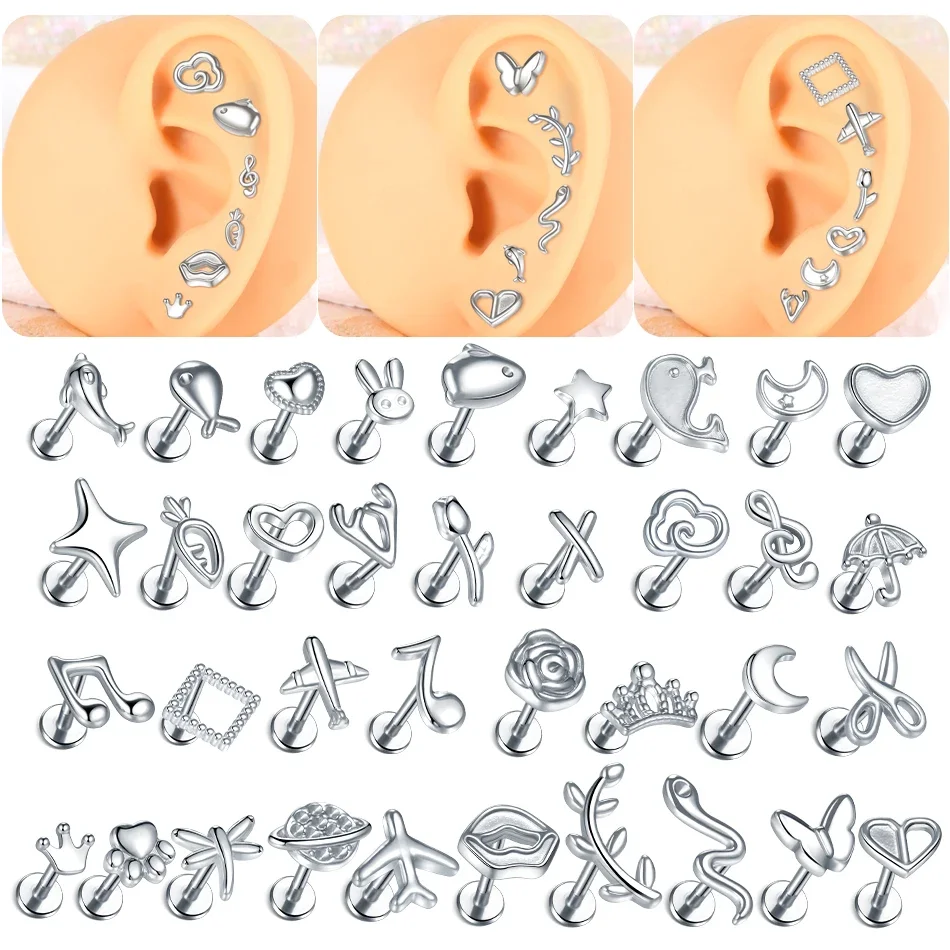 Stainless Steel Silver Color Helix Piercing Cross Star Heart Moon Stud ...