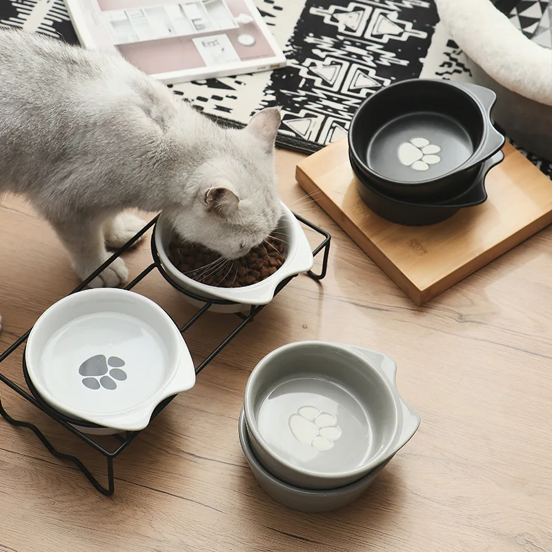 New-Drinking-Water-Ceramic-Pet-Bowl-Cute-Flat-Mouth-With-Iron-Frame ...