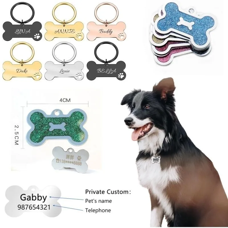 Stainless-Steel-Bone-Paw-Name-Tag-Anti-lost-Custom-Dog-ID-Tag-Engraved ...