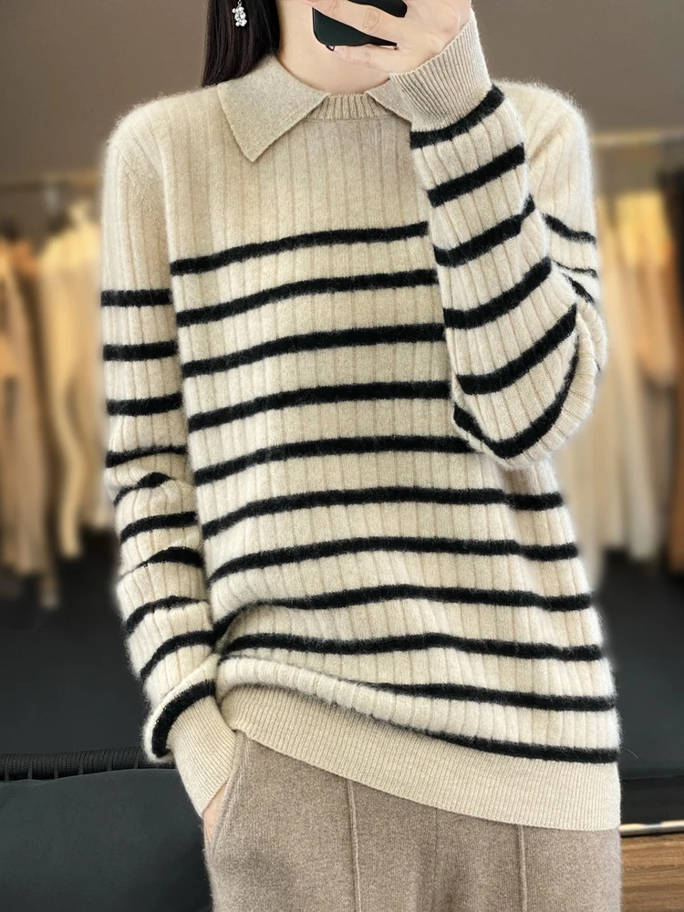 Autumn-Winter-Women-s-100-Merino-Wool-Pullover-Sweater-Turn-down-Collar ...