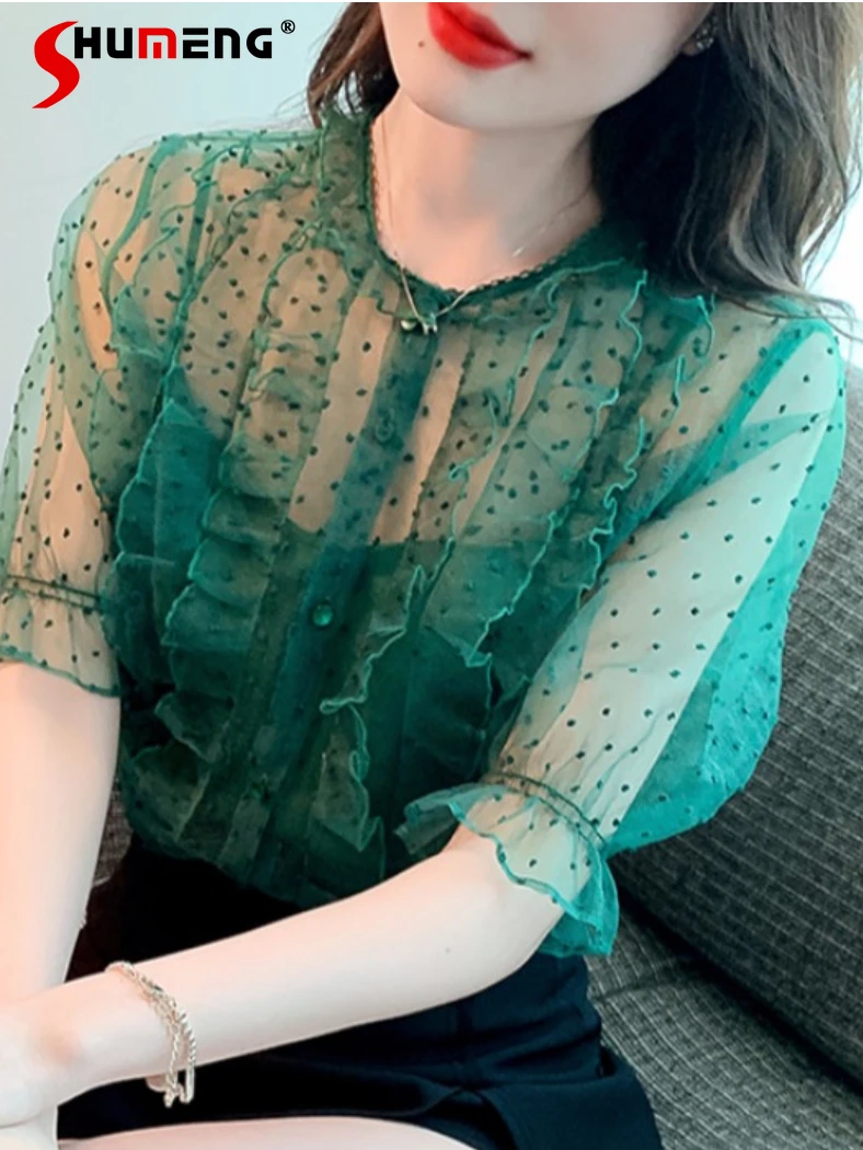 여성 여름 짧은 퍼프 슬리브 프릴 폴카 도트 쉬폰 블라우스 2022 신사 숙녀 느슨한 메쉬 스티치 슈퍼 요정 얇은 탑 Mujer