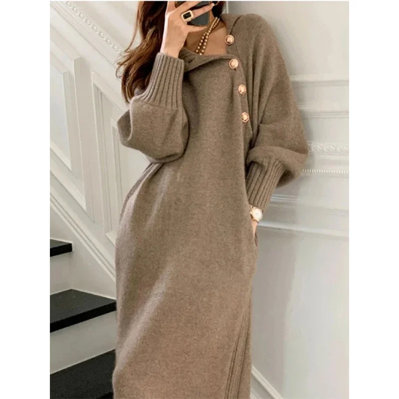 MEXZT-Robe-mi-longue-vintage-col-roul-pour-femme-pull-une-pi-ce-cor-en ...