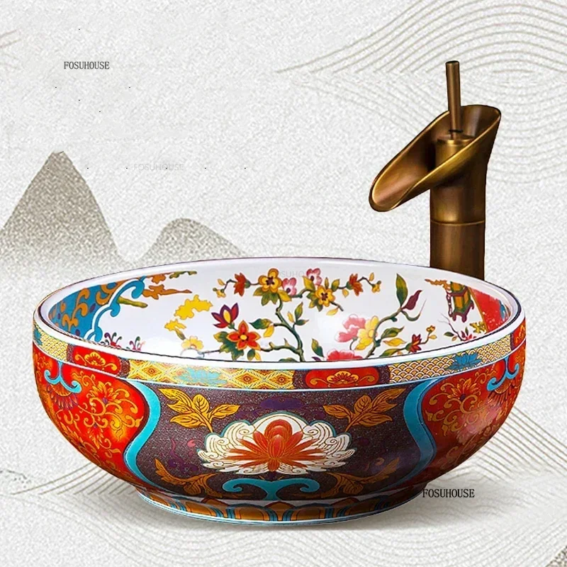 Pia de cerâmica europeia, arte luxuosa, pia de banheiro, retrô, redonda ...