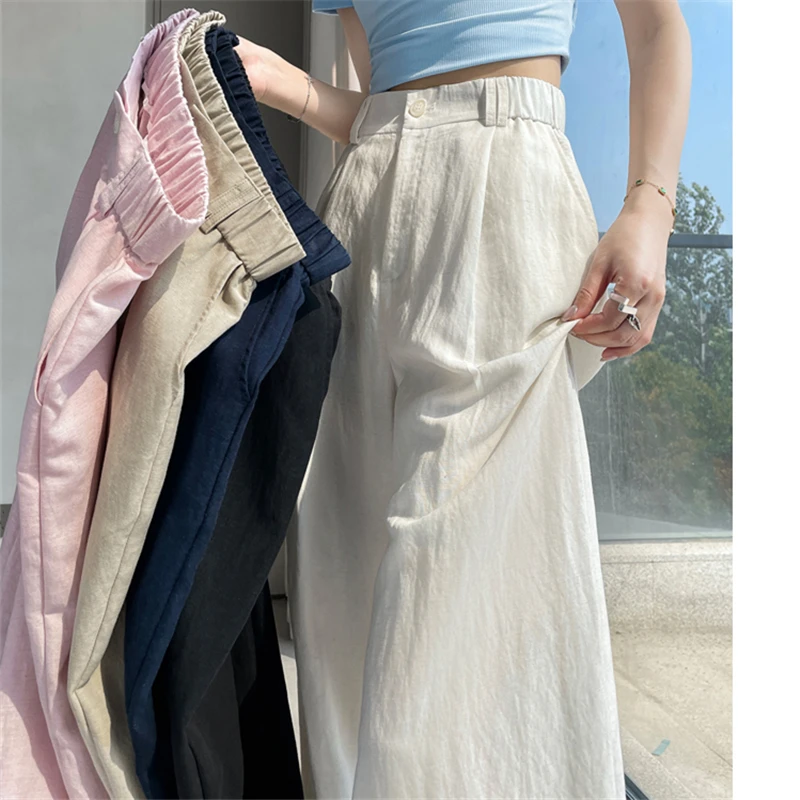 Cotton and Linen Women's Wide Leg Full Pants High Waist Summer Female ...