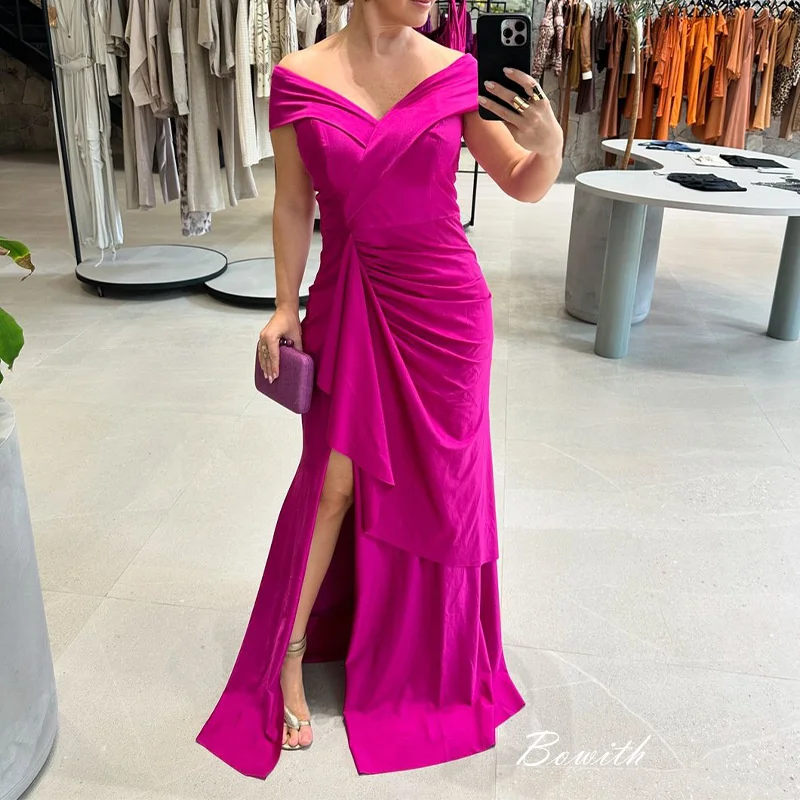 Bowith-Fuchsia-Mother-of-The-Bride-Dresses-Off-Shoulder-V-Neck-Elegant ...