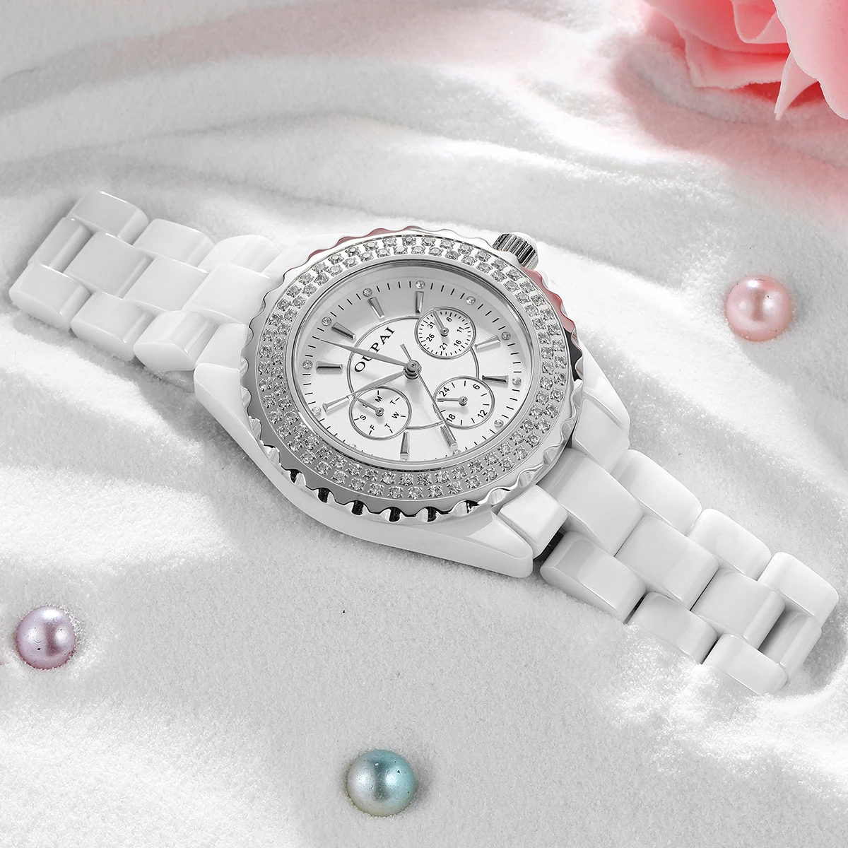 Oupai round dial, white ceramic strap watch, women's rotatable bezel ...
