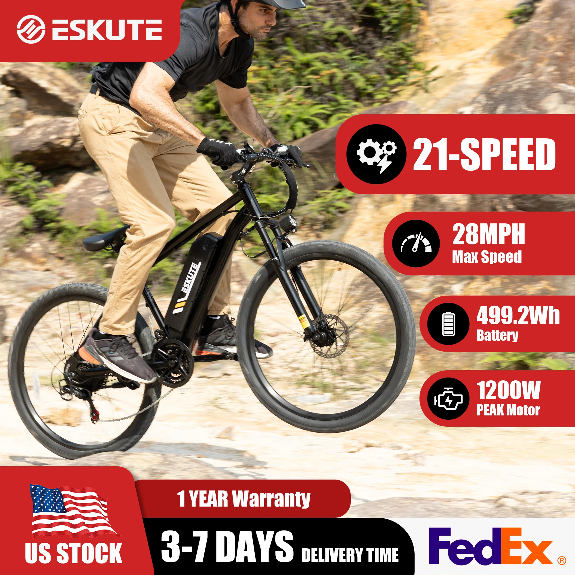 ESKUTE M200 Electric Bicycle – 21-Speed Gear 27.5" Mountain ectric Bike ...
