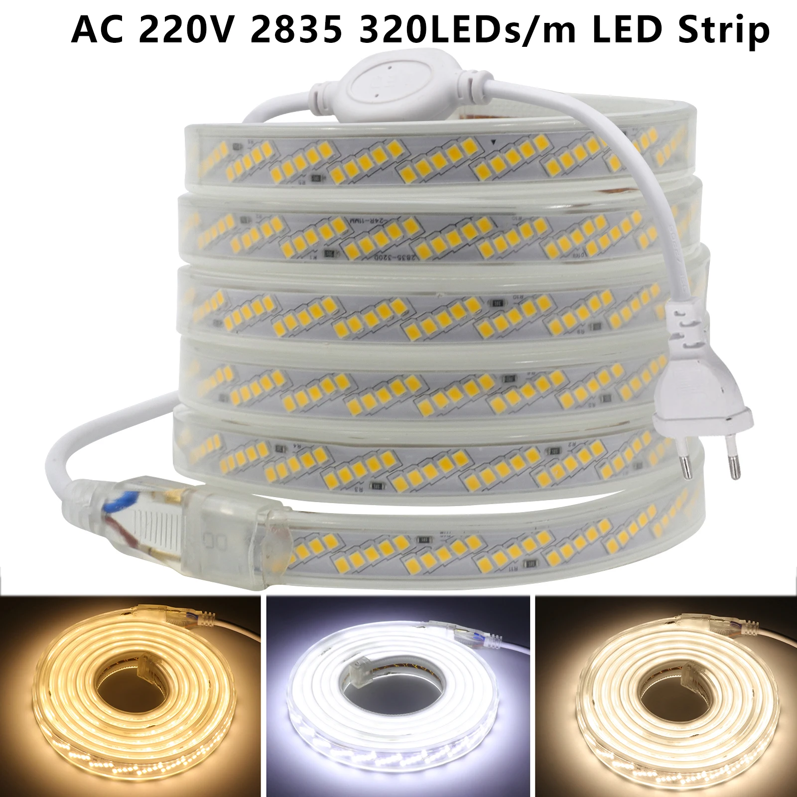 AC 220V Led Strip Waterproof Flexible Ribbon Rope SMD 2835 320Leds/m ...