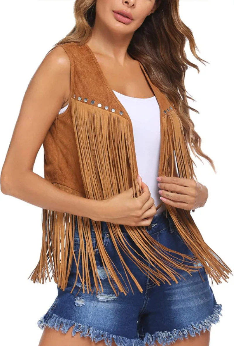 Women Tassel Vest 70s Hippie Faux Suede Rivets Sleeveless Fringe Jacket