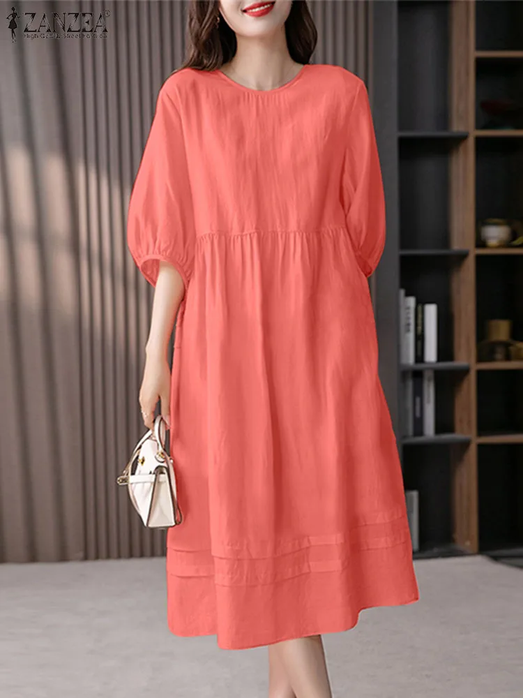ZANZEA-2024-Summer-Round-Neck-Pleated-Robe-Women-Half-Sleeve-Long-Dress ...