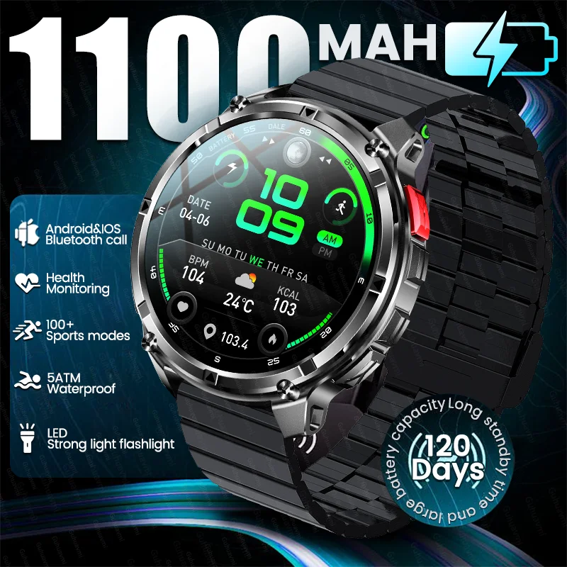 New 1100mAh Battery Outdoor Ultra Durable Men Smartwatch Flashlight ...