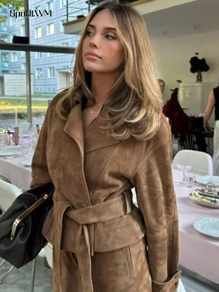 Elegant-Brown-Short-Suede-Jacket-With-Belt-Women-Lapel-Long-Sleeve ...