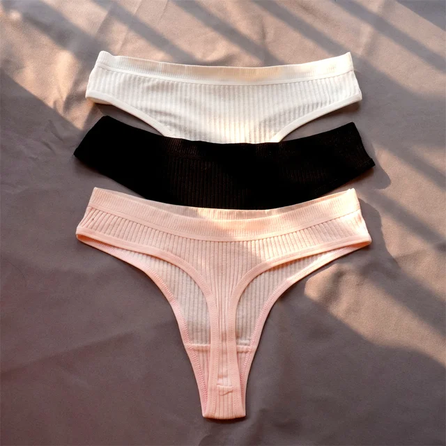 3 Pcs Seamless Ladies Ribbed Cotton Thong Simple Women's Low Waist ...