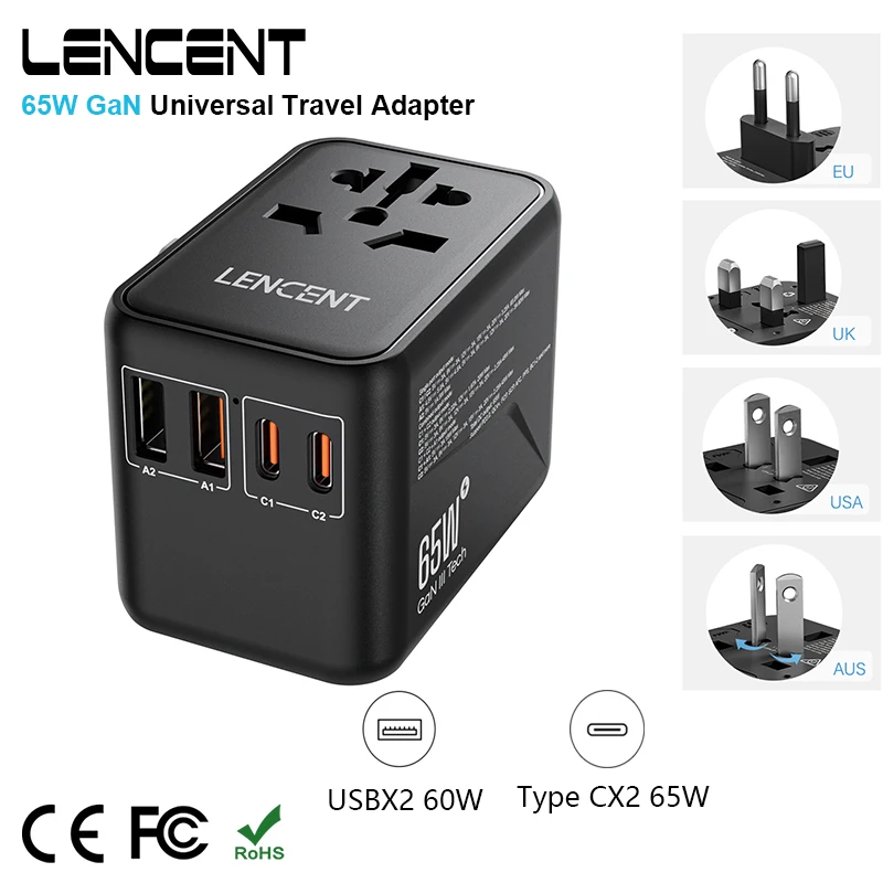 LENCENT 65W GaN Universal Travel Adapter with 2 USB Ports 2 Type C Fast Charher support PD3.0 ...