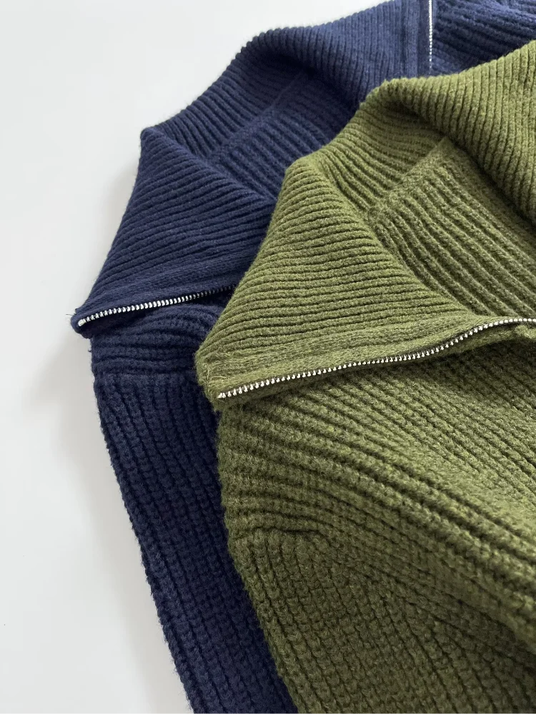 Knit Women's Cardigan Two-Way Zipper Stand-Up Collar Waist Hem Solid ...