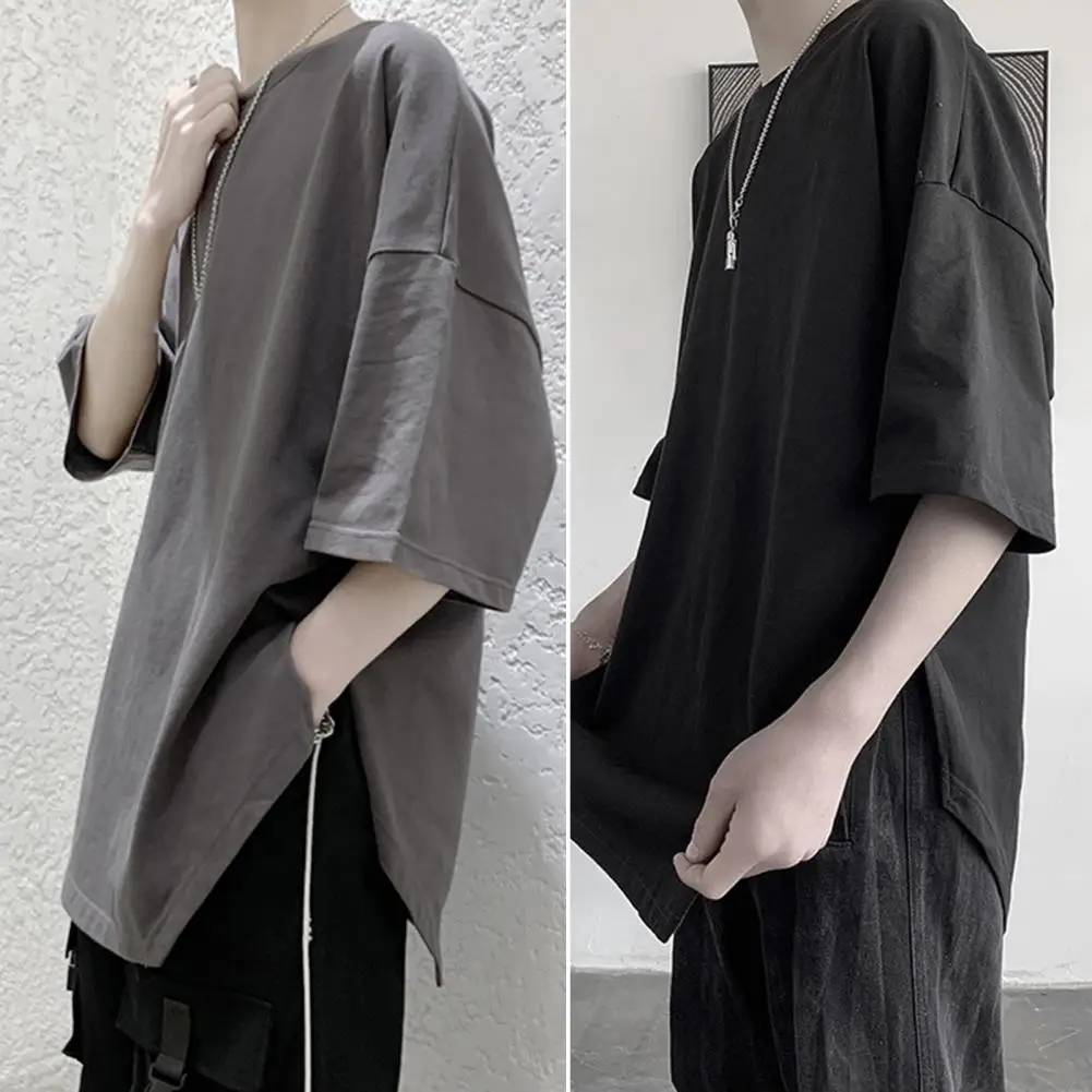 Summer-Oversized-T-shirt-Solid-Round-Neck-Loose-Side-Split-T-Shirt-for ...