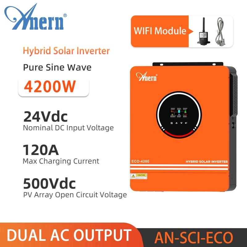 Anern Mppt Solar Inverter 1.6KW 3KW 4.2KW 6.2KW Off Grid 24V 48V Inverter 12V 220V Pure Sine ...
