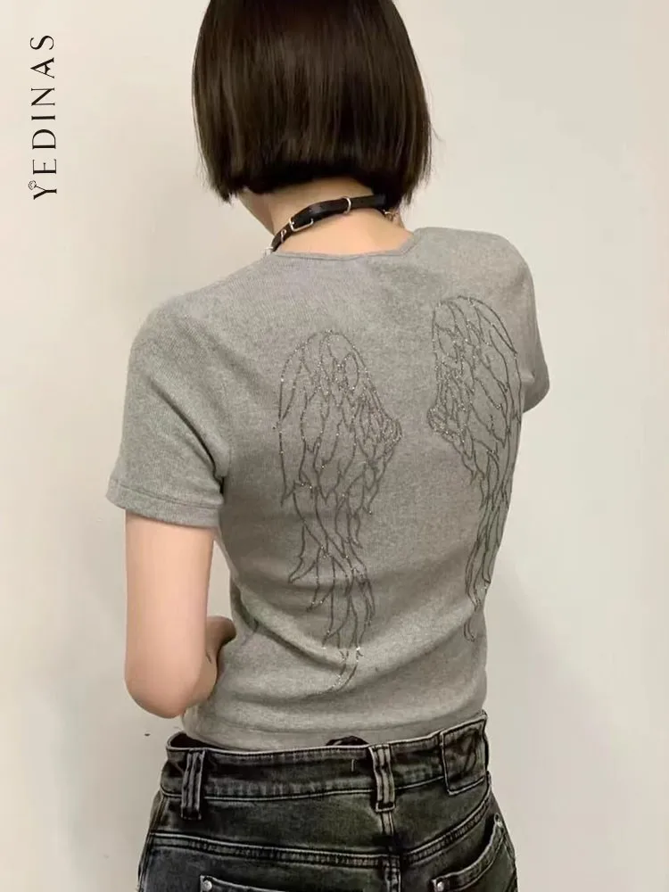 Yedinas Diamond T Shirt Women Clothes Short Sleeve Korean Fashion High ...
