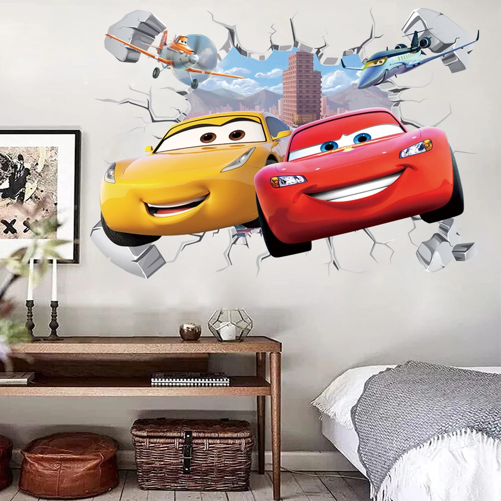 3D Brokenwall Lightning Mcqueen Cartoom Cars Muur Decor Decals Voor ...