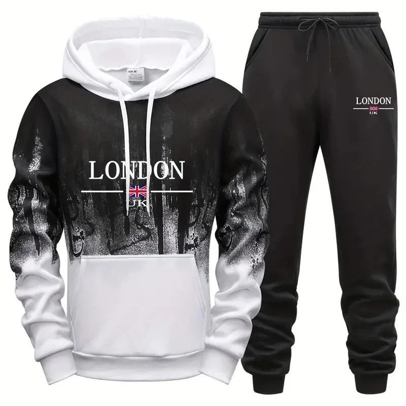 Mens Tracksuit Printing Splash-ink Sweatshirt Sportswear 2 Pcs Sets ...
