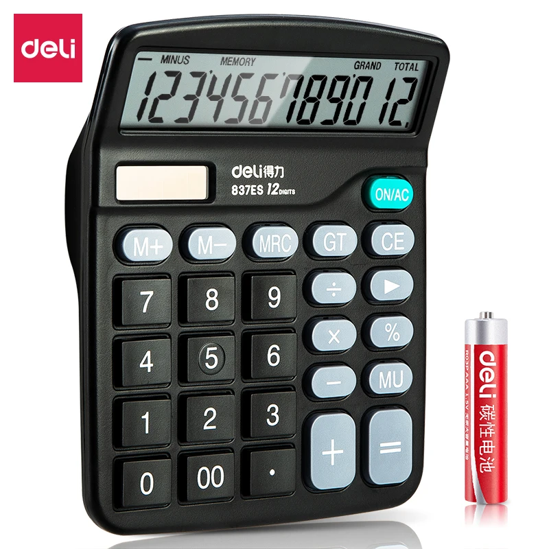 1PCS-Deli-837ES-12-Digits-Portable-Calculator-Solar-AAA-Battery-Dual-Power-Office-Commercial ...