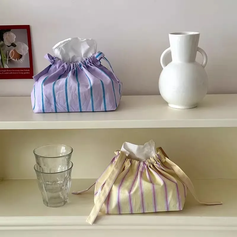 Cotton-Drawstring-Tissue-Bag-Stripe-Napkin-Holder-Container-Korean ...