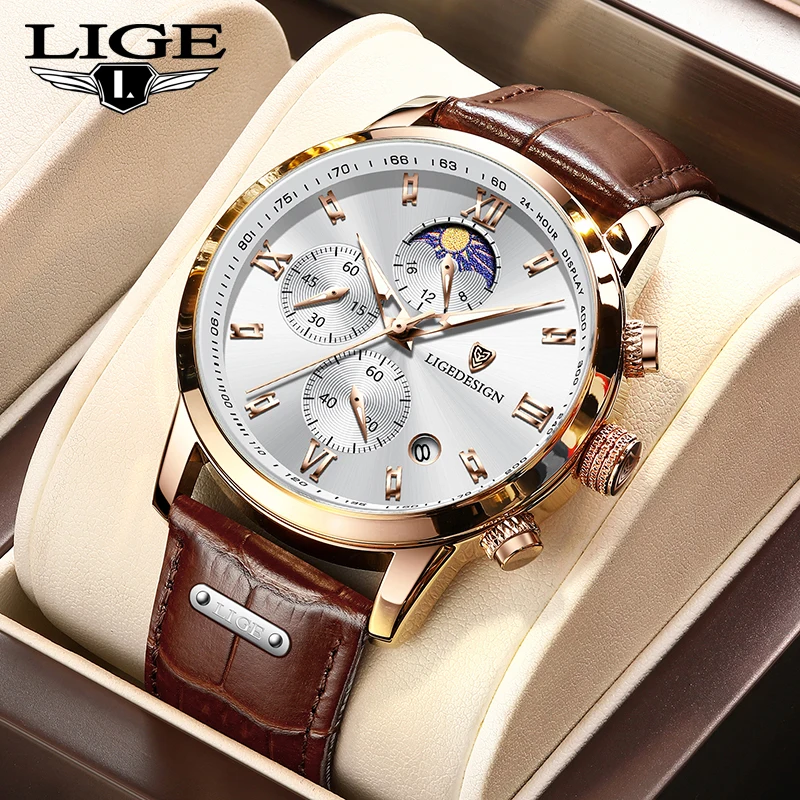 LIGE Men Watches Fashion Quartz Watch Tourbillon Clock Genuine Leather ...