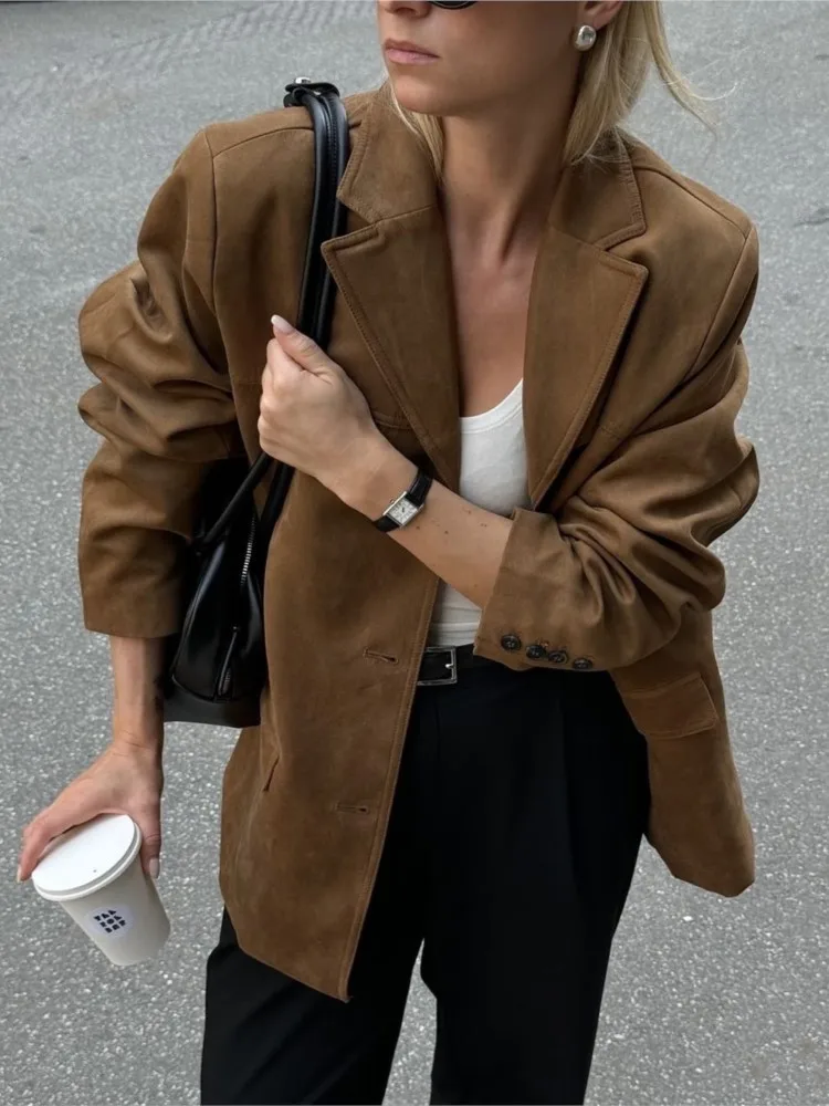 Lapel-Pocket-Jacket-Coat-Brown-Woman-Casual-Loose-Slimming-Minimalism ...