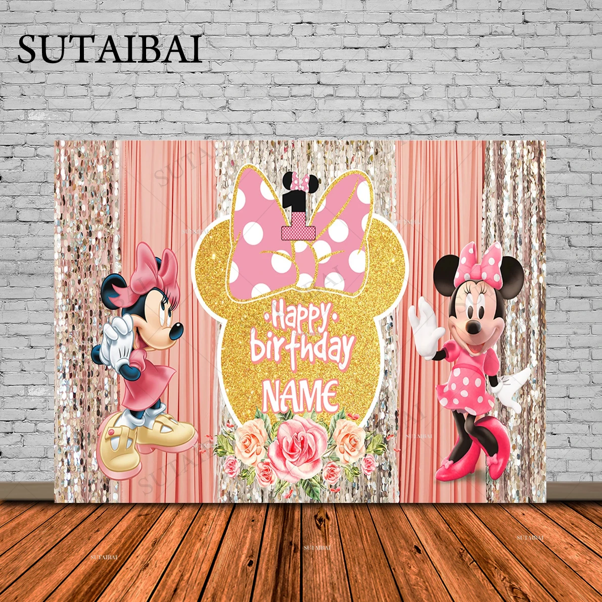 Pink Golden Glitter Minnie Mouse Backdrop Birthday Photo Background For ...