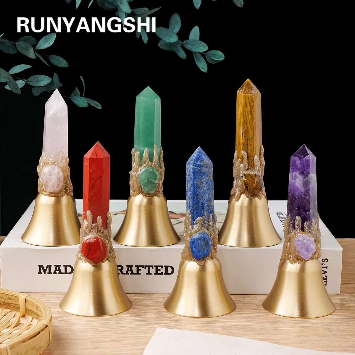 1pc Natural Crystal point Hand Brass Bells Copper Bell For Bed Call ...
