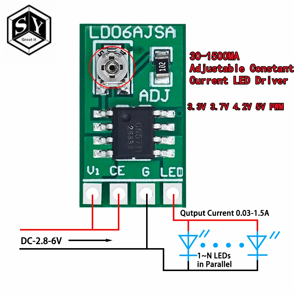 30 1500MA Adjustable Constant Current LED Driver DC 3.3V 3.7V 4.2V 5V PWM Control Board Buck ...