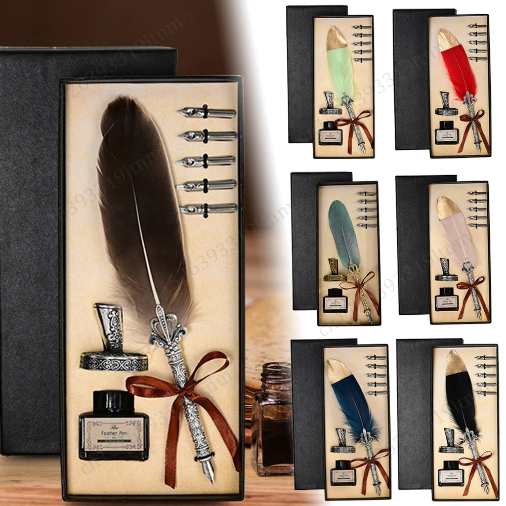 1-Set-Vintage-Calligraphy-Pen-Feather-Dip-Fountain-Pen-Set-Ink ...