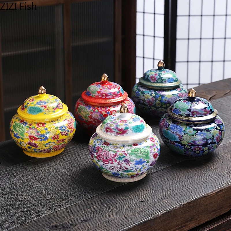 Enamel Color Porcelain Tea Canister Sealed Ceramic General Jar Storage ...
