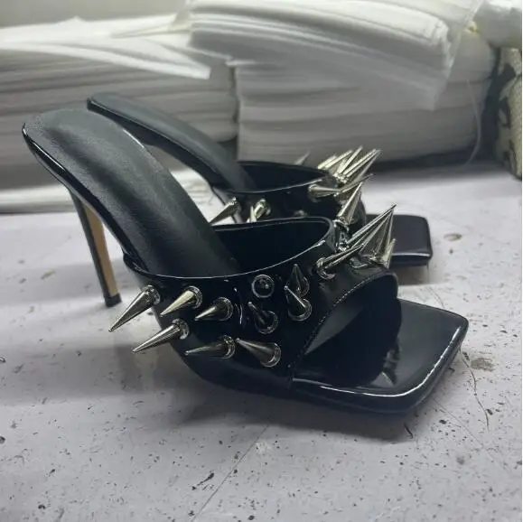 Punk Style Black Patent Leather Square Open Toe Long Spike Rivet Modern ...