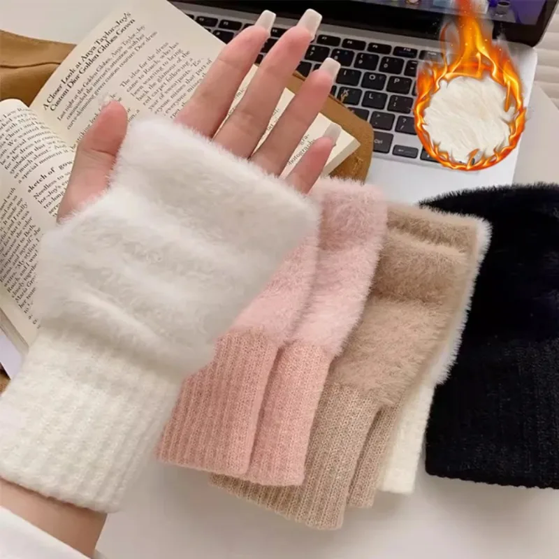 Women-s-Warm-Wool-Half-Finger-Gloves-Winter-Plush-Knit-Wrist-Guard ...