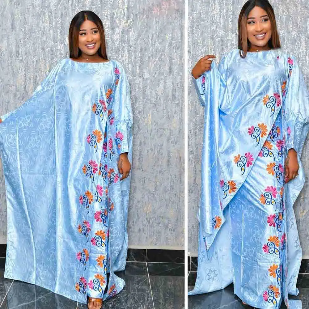 Sky-Blue-Bazin-Riche-Long-Dresses-Blouse-Dashiki-Robe-For-African-Women ...