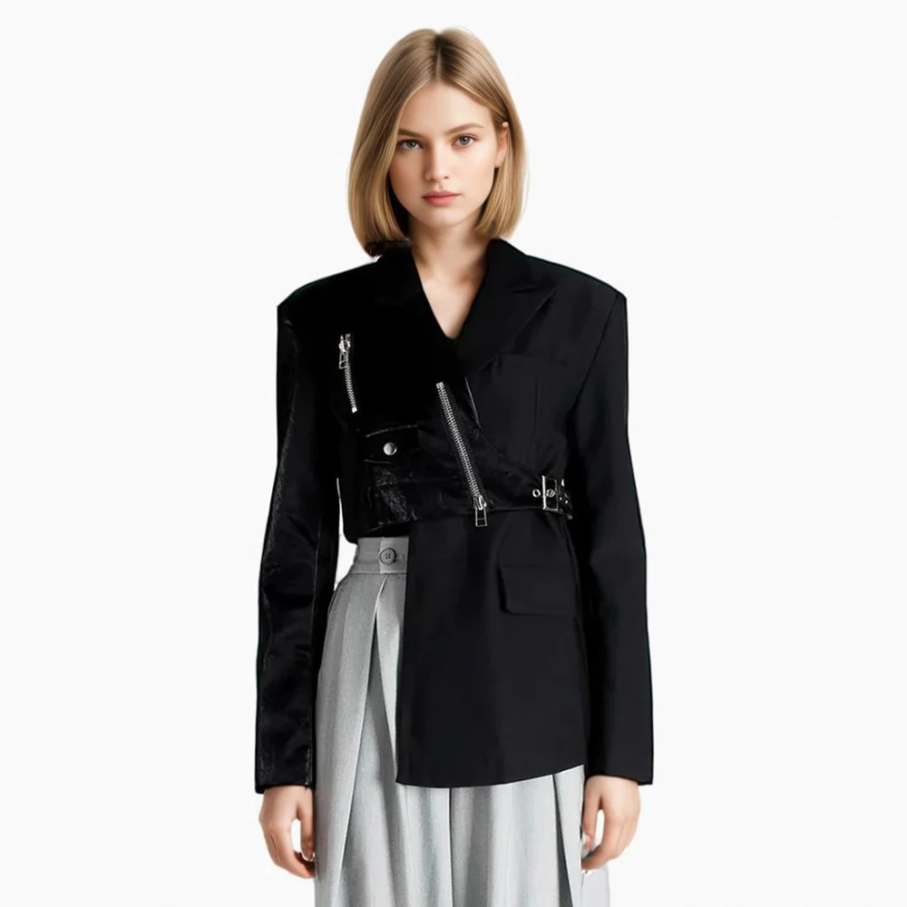 Solid-Spliced-Leather-Casual-Blazer-For-Women-Notched-Collar-Long ...