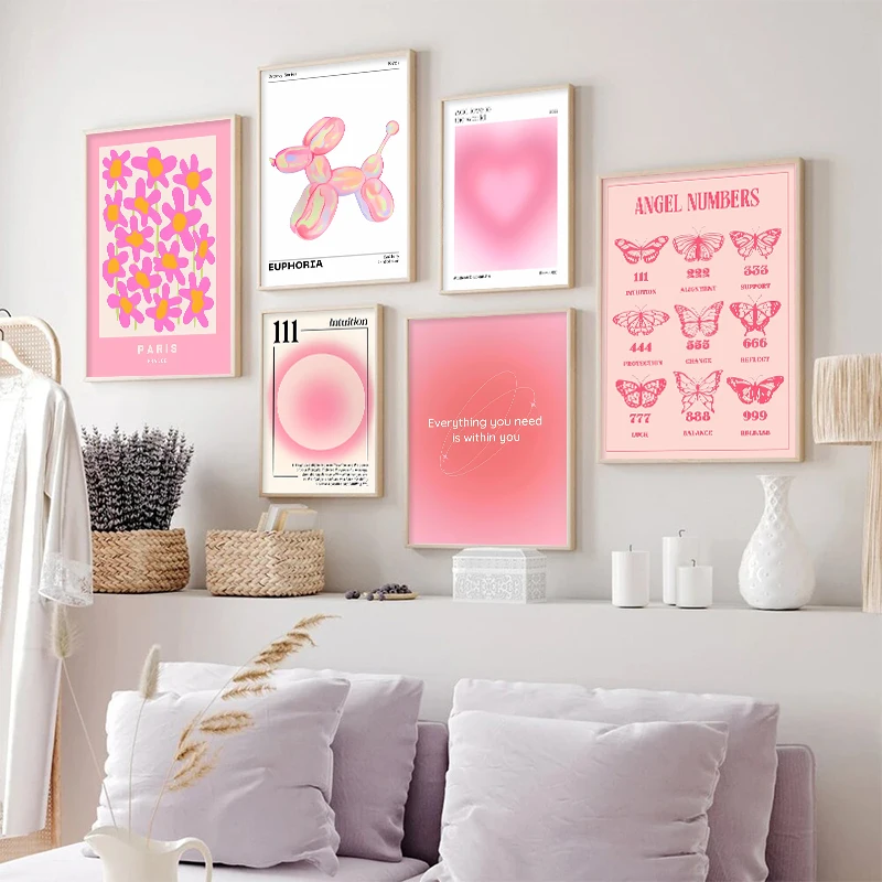 Pink Flower Market Exhibition Canvas Painting Angel Number Abstract ...